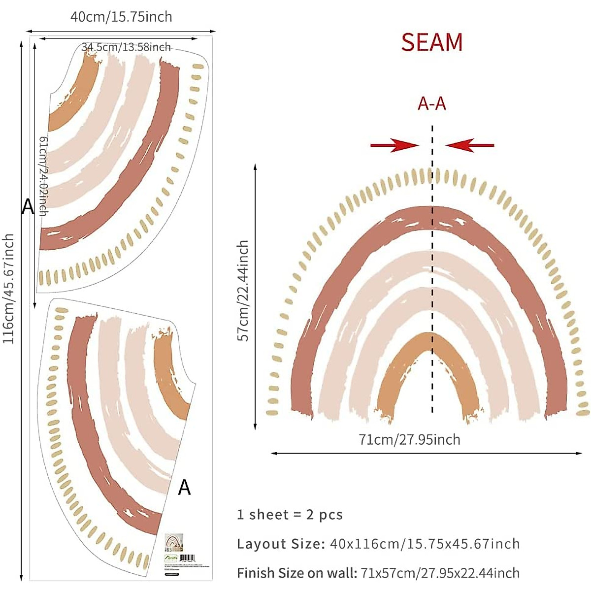 funlife Large Boho Rainbow Wall Decals Peel and Stick, Self Adhesive Boho Polka Dot Wall Decal Hearts Wall Sticker for Girls Bedroom Decor, Kids Nursery Room