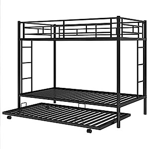 Twin Over Twin Metal Bunk Bed with Trundle,Metal Structure Bedframe with Safety Guardrails and ladders,No Spring Box Required and Space Saving Design,Black