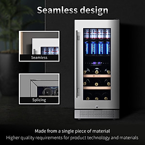 WINEBOSS 15 Inch Wine and Beverage Refrigerator, 13 Bottle & 48 Cans Dual Zone Built-in Under Counter Cooler Freestanding Cellars Fridge with Upgrade Compressor Tempered Glass Door Lock, Small Chiller