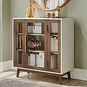 BELLEZE Sideboard Buffet Cabinet, Modern Curio Cabinet 3-Tiers Console Table for Kitchen Glass Display Cabinet Storage/Pantry Cabinet Coffee Bar for Living Room Bedroom Entryway, Brown