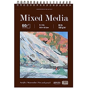 Mixed Media Sketch Pad, 9 x 12 inches, 60 Sheets (98lb/160gsm) Heavyweight Drawing Papers, Top Spiral Bound Hardcover Sketchbook, for Wet and Dry Media, Drawing, Painting