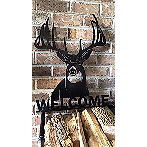 Welcome Whitetail Deer Buck Metal Wall Art Sign | Laser Cut | Black | Home Cabin Decor | Big Game Steel