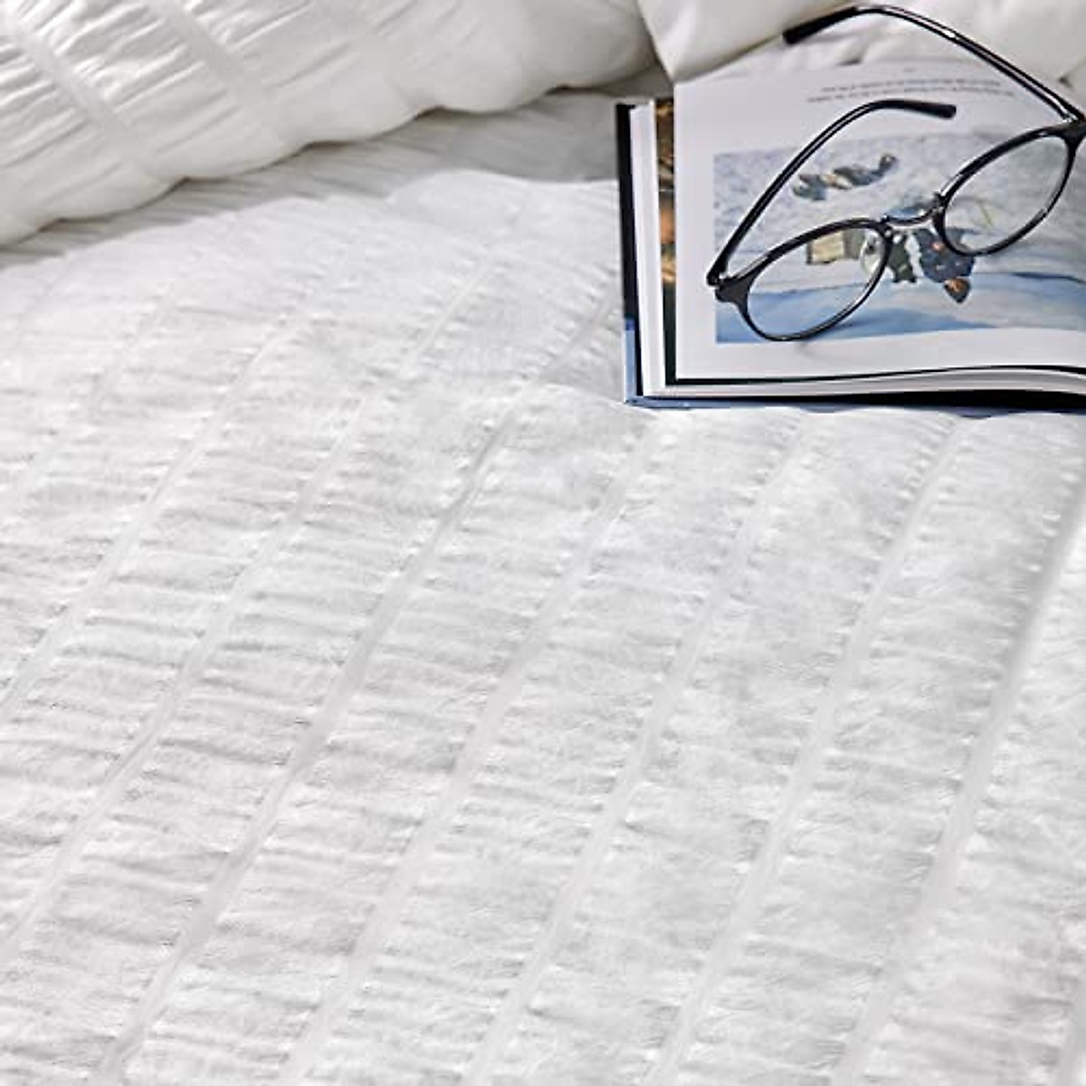 CozyLux King Comforter Set with Sheets White Seersucker Bed in a Bag 7-Pieces All Season Bedding Sets with Comforter, Pillow Sham, Flat Sheet, Fitted Sheet, Pillowcase