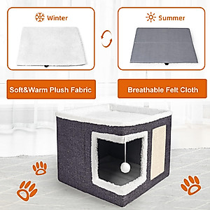 Loyareal Cat Houses for Indoor Cats - Large Cat Bed Cave for Cat House with Scratch Pad and Fluffy Ball, Foldable Cat Hideaway with Reversible Cushion Cat Condo for Multi Small Pet, Dark Grey