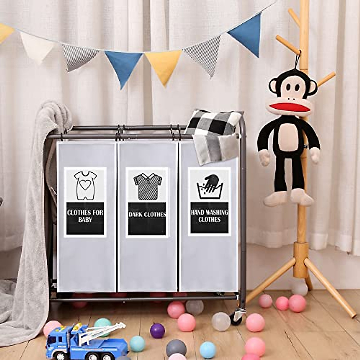 C&AHOME 3-Bag Laundry Sorter Cart, Rolling Laundry Hamper Organizer, Laundry Basket Sorter, Removable Bags with 4 Sorting Cards and Heavy Duty Rolling Lockable Wheel for Clothes Storage, Grey ULSCM03G