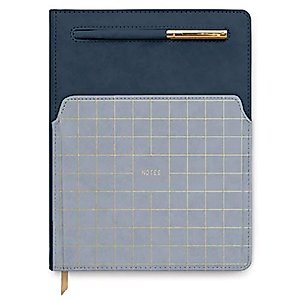 Designworks Ink Vegan Leather Soft Cover Journal Notebook with Lined Pages, Pen Holder, and Front Cover Storage Pocket for Work, Writing, Journaling - Navy and Light Blue Journal with Gold Pen