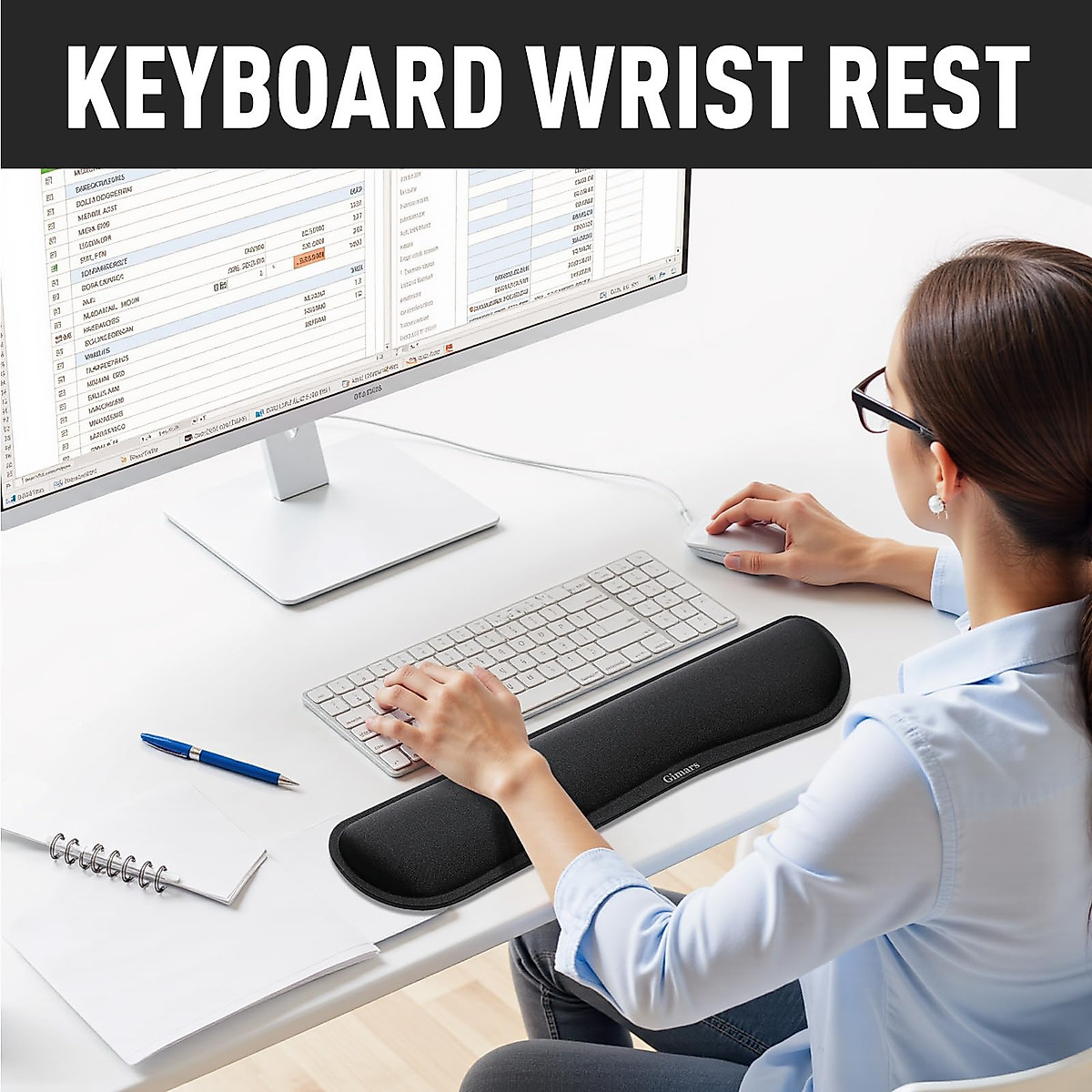 Gimars Keyboard Wrist Rest Pad with 63D High-Density Thicken Enlarge Memory Foam, Anti-Slip Rubber Base and Ergonomic Design for Office,Gaming, Computer, Laptop, Mac, Carpal Tunnel Pain Relief, Black