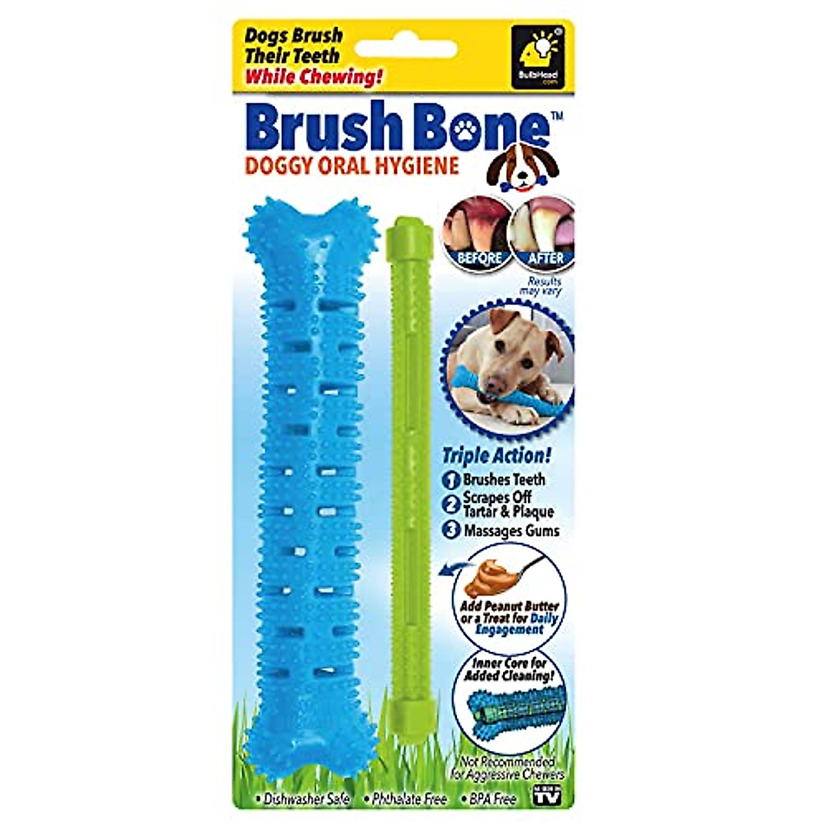 BulbHead BrushBone Toothbrush, Dogs Chewing, Plaque and Tartar Remover for Teeth, Works 3 Ways to Clean While They Play, Invented by a Dentist & His Hygienist Wife, 1 Count (Pack of 1), Brush Bone