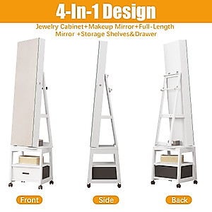 IDEALHOUSE 360° Swivel Jewelry Cabinet with Large Storage Capacity, Rotatable Full Length Mirror with Jewelry Storage, Lockable Floor Standing Jewelry Armoire Organizer with Drawer and Wheels, White