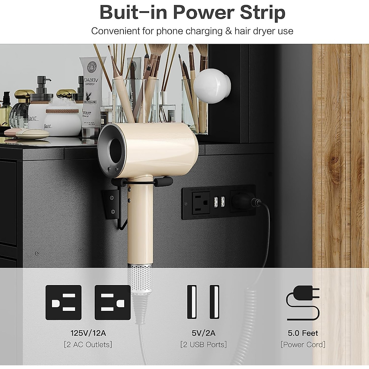 FUSOU Vanity Desk with Power Outlet, Makeup Vanity with Mirror and 12 LED Lights, 3 Lighting Modes,11 Drawers Vanity Table with Chair, Glass Top, Vanity Set for Bedroom,Dressing Room (Black)