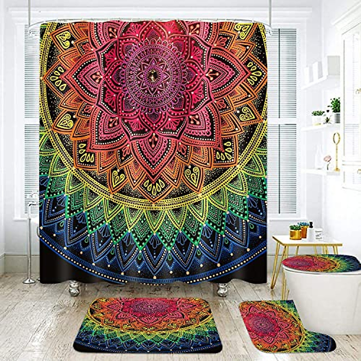4 Pcs Mandala Flowers Shower Curtain Set, Ombre Colorful Floral Bathroom Sets with Shower Curtain and Rugs, 72" Shower Curtain and Bath Mat, Toilet Lid Cover and U Shaped Rug, 12 Hooks, SETLSSD260