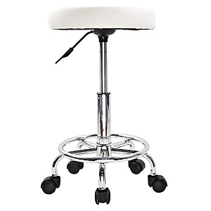 KKTONER PU Leather Round Rolling Stool with Foot Rest Swivel Height Adjustment Spa Drafting Salon Tattoo Work Office Massage Stools Task Chair Cushion 14 inches (White)