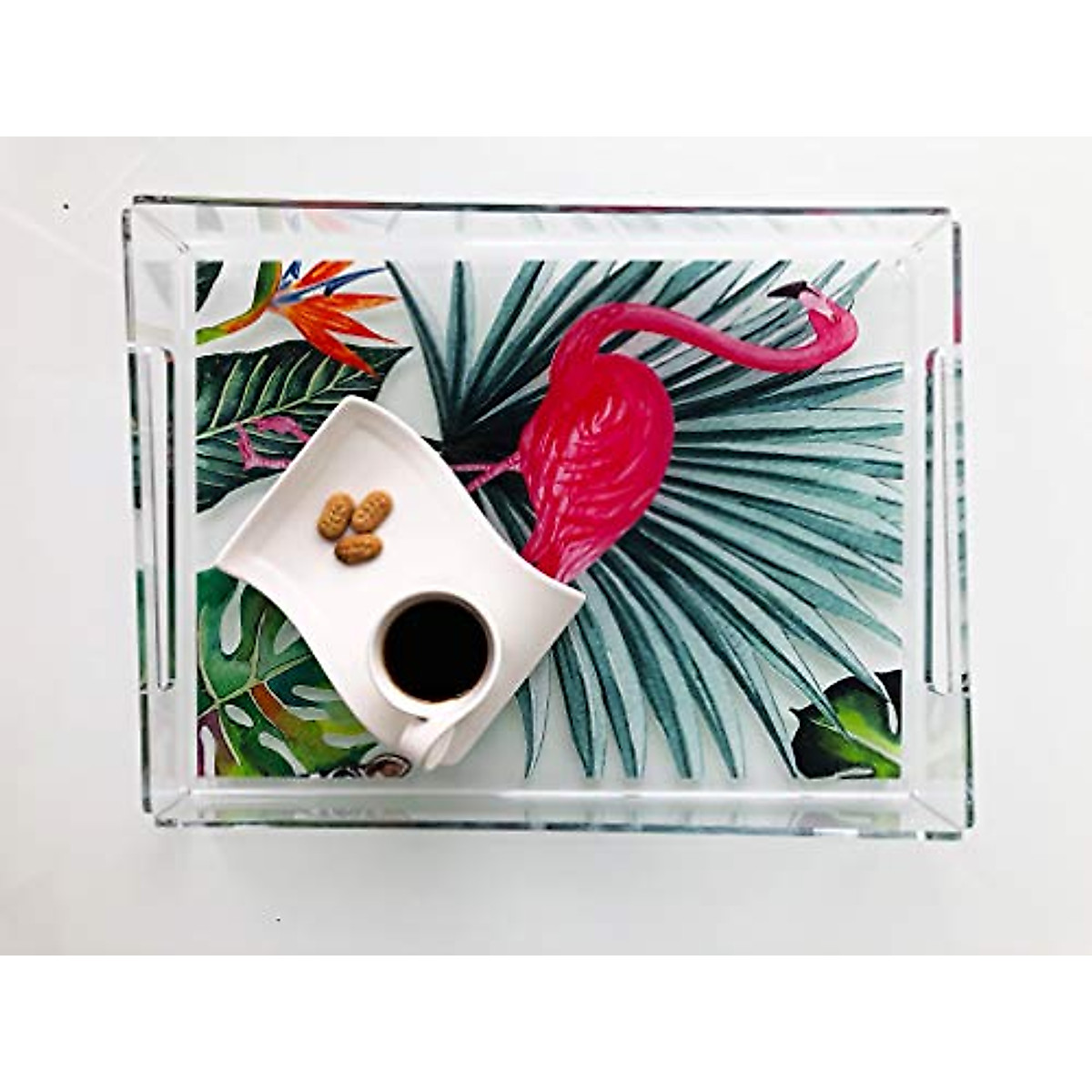 Idea Design Studio Clear Acrylic Animal Print Decorative Serving Tray (Flamingo, Large, 15.75 x 12 x 2.5 Inches)