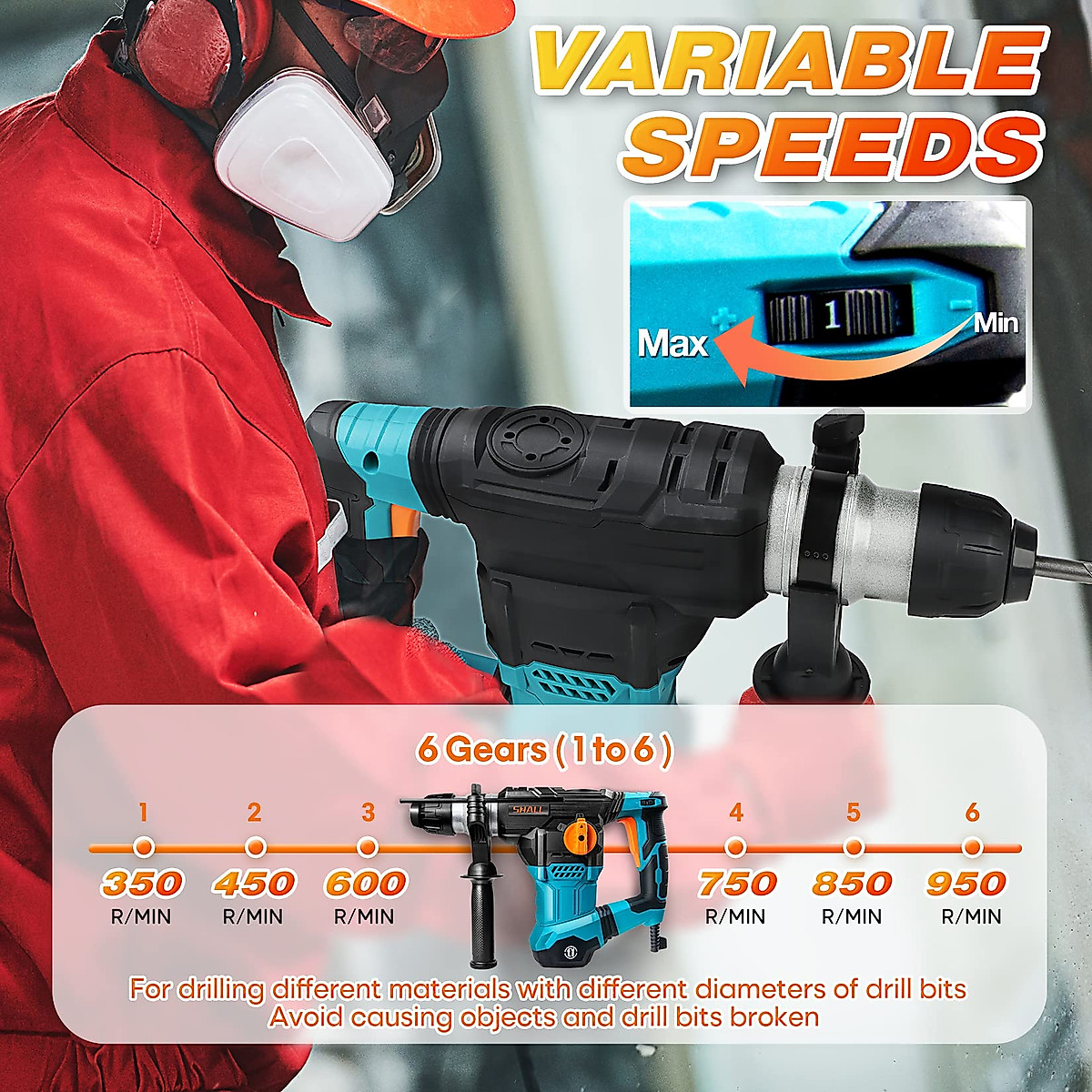 SHALL 1-1/4 Inch SDS Plus Heavy Duty Rotary Hammer Drill, 1500W Rotomartillo, 6 Variable Speeds, Flat Chisel, Point Chisel and 3 Drill Bits Included, for Drilling, Hammering, Chiseling, 0-950 RPM