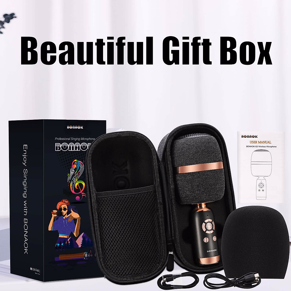 BONAOK Wireless Bluetooth Karaoke Microphone, Portable Mic Singing Machine for PC/All Smartphones Home Party Indoor Outdoor Q3(Gray)