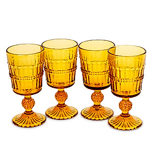American Atelier Vintage Amber Beaded Wine Glasses | Set of 4 | 9 oz | Wine Goblets | Colored Vintage Style Glassware | Water Cups | Embossed Design | Dishwasher Safe (Amber)