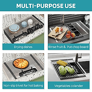 BBXTYLY Black Expandable Roll Up Dish Drying Rack Up to 22.8''with 2 Storage Baskets,Over The Sink Rolling up Dish Drainer, Foldable,Rollable,for Kitchen Dishes,Cups
