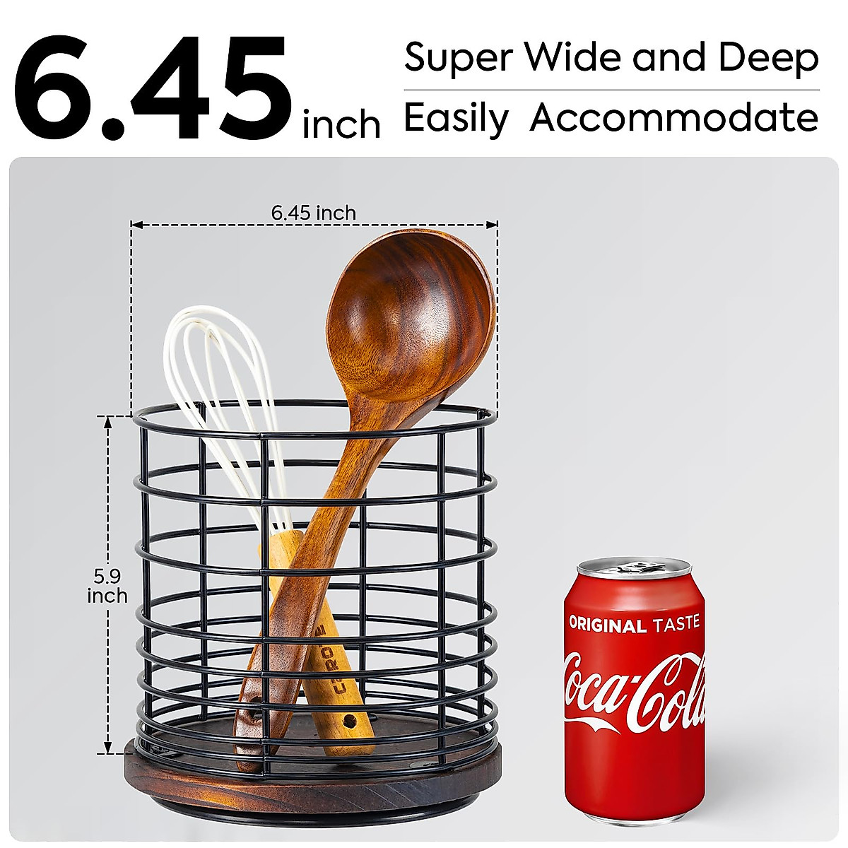 360°Rotating Utensil Holder for Kitchen Counter-6.5" Metal & Wooden Large Cooking Utensil Holder with Drainage Hole，Kitchen Utensil Storage Organizer for Countertops，Spatula Holder for Farmhouse Decor