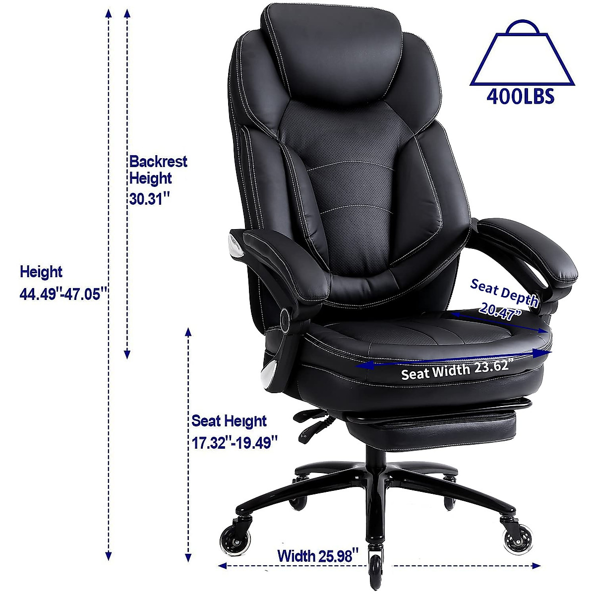 KCREAM Big and Tall Office Chair High Back Massage Reclining Office Chair with Footrest - Executive Computer Chair Home Office Desk Chair Thick Padded Strong Metal Base Quiet Wheels (Black)