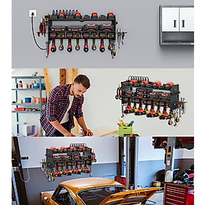 JUNNUJ Large Pegboard Power Tool Organizer with Charging Station, 8 Drills Driver and Tools Battery Holder Wall Mount with 8 Outlet Power Strip, Black 3-Layer Shop Garage Storage Utility Rack