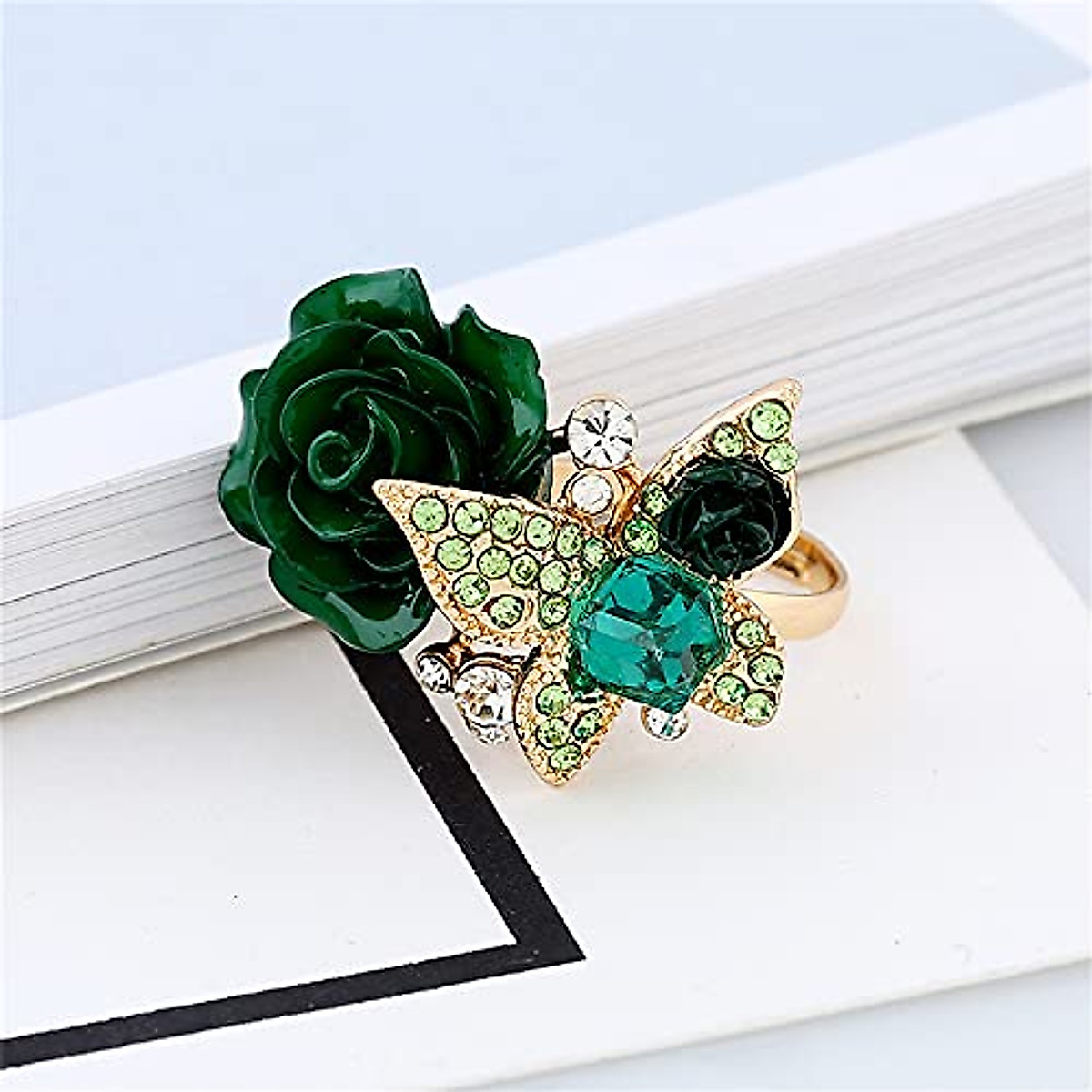 Dtja CZ Butterfly Flower Wedding Ring for Women Girls Statement Engagement Rectangle Rhinstone Aryclic Rose Adjustable Open Wrap Finger Rings Comfort Fit Cocktail Party Vintage Jewelry Gift (Green)