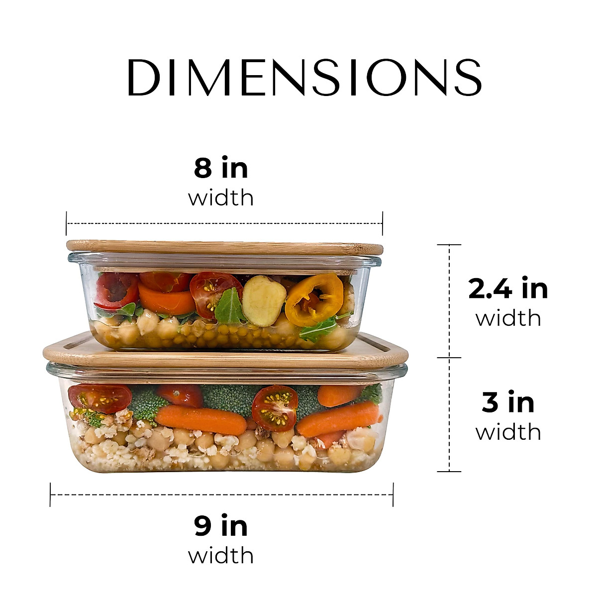 JS Gourmet 2 Pcs Glass Food Storage Containers with Bamboo Cutting Board and Airtight Lid, Ideal for Preparing and Storing Meals, Food, Fruits, Salad and more Ingredients (35oz and 51oz)