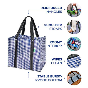Heavy Duty Reusable Grocery Bags, Foldable Grocery Reusable Bags, 3-Pack Multipurpose Grocery Tote Bags, X-Large Reusable Grocery Bags with Handles & Hard Bottom (10 Gallons, Blue)
