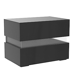 HOMMPA LED Nightstand with 2 Drawers Modern Black Bedside Table Nightstand with Storage Cabinet High Gloss Night Table with 16 Colors LED End Table Smart Nightstand for Bedroom Furniture