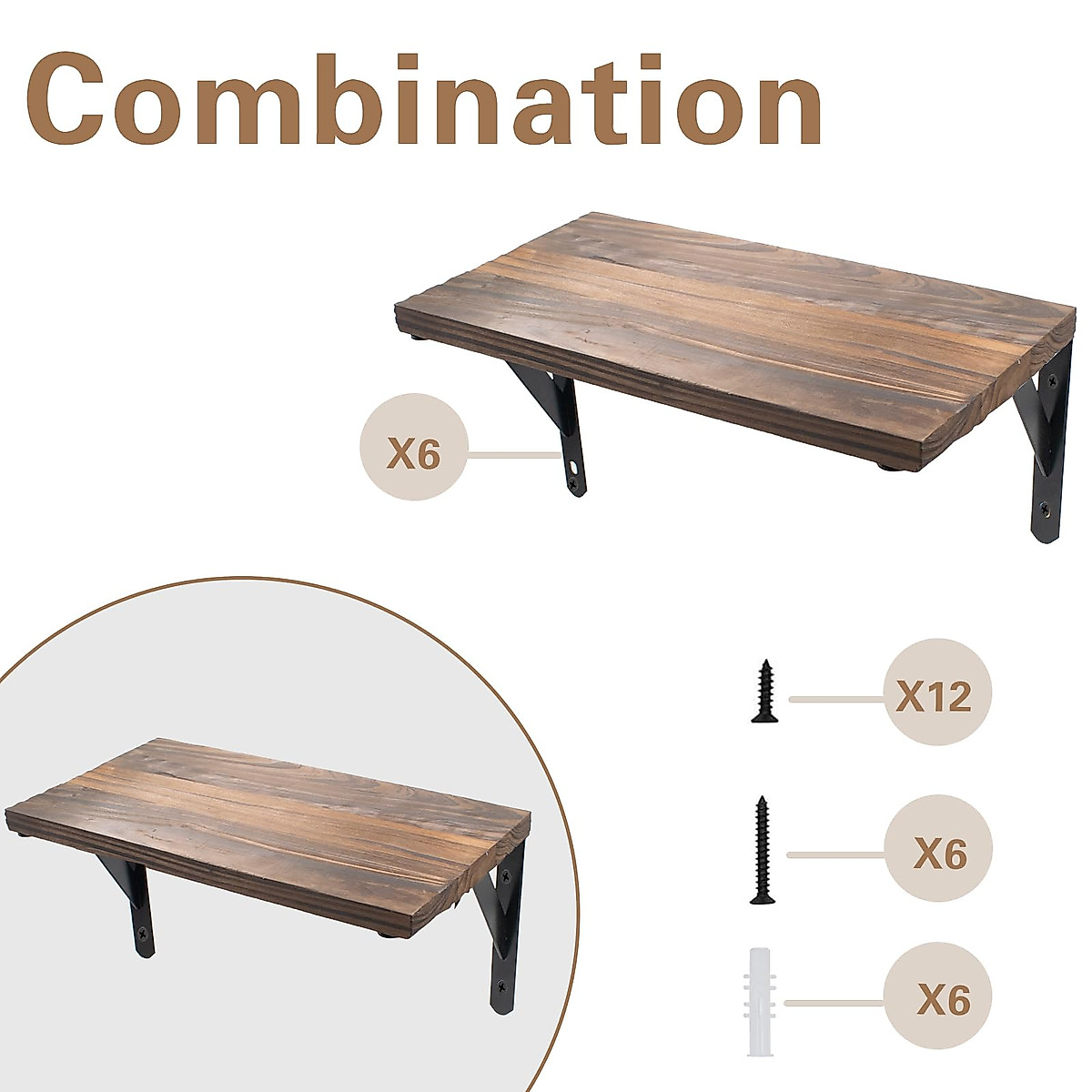 3 Sets Wood Floating Shelves for Wall Decor, Rustic Wood Shelves for Wall Storage, Wall Mounted 11.4 Inch Wooden Display Shelf Carbonized Wall Shelves for Bathroom Bedroom Kitchen Living Room Garage