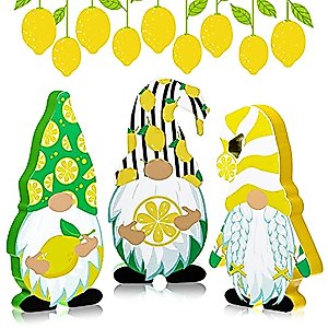 3 Pcs Lemon Gnomes Decor Lemon Wooden Decorations for Kitchen Summer Tiered Tray Gnomes Lemon Wooden Tabletop Centerpiece Farmhouse Lemon Gnome Freestanding Table Signs for Summer Home Decoration