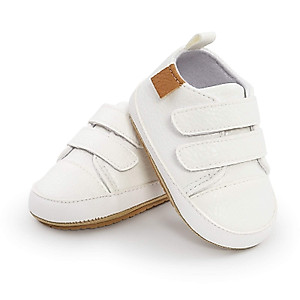 AKINGIO Baby Boys Girls Shoes Non-Slip Rubber Toddler Loafers Newborn Leather Sneakers Infant First Walkers Moccasins Crib Shoes White 13CM