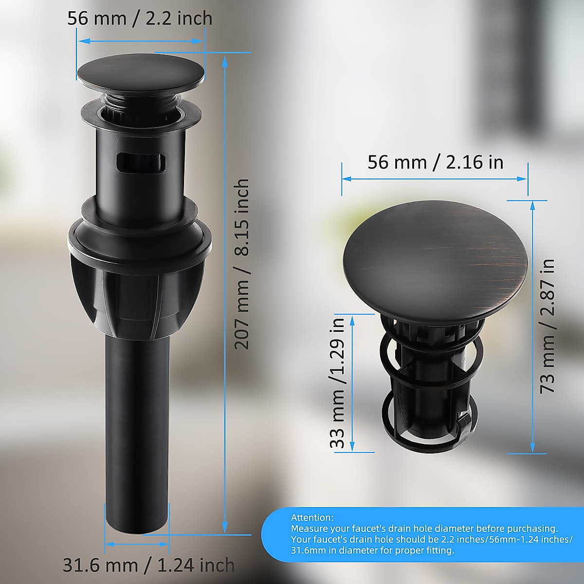 Hibbent 2 Pack Push and Seal Pop Up Drain Stopper with Overflow for Bathroom Sink Faucet Vessel Vanity, Matte Black
