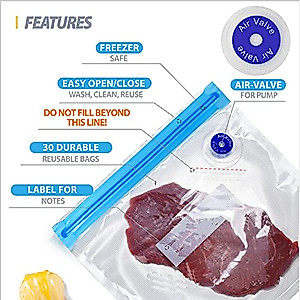 Sous Vide Bags 30 Pack Reusable Vacuum Food Storage Bags for Anova, Joule Cookers - 3 Sizes Vacuum Food Bags, 1 Hand Pump, 4 Sealing Clips and 4 Clamps for Food Storage and Sous Vide Cooking
