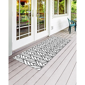 Welcome Mats, Black and White Leaf Tile Pattern Door Mat, Non-Slip Absorbent Large 20x47 Inch Outdoor Indoor Mat Low-Profile Floor Mat Doormat for Entryway/Patio/Garage