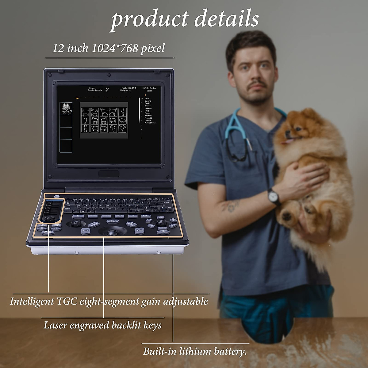 Veterinary B-Ultrasound Machine, Portable Laptop Scanner with 3.5 MHz Micro Convex ​Probe, with 5 Kinds of Pseudo Color and 12-Inch TFT Color Screen, for Cat Dog,Goat,Cow and Pig Pregnancy Tests