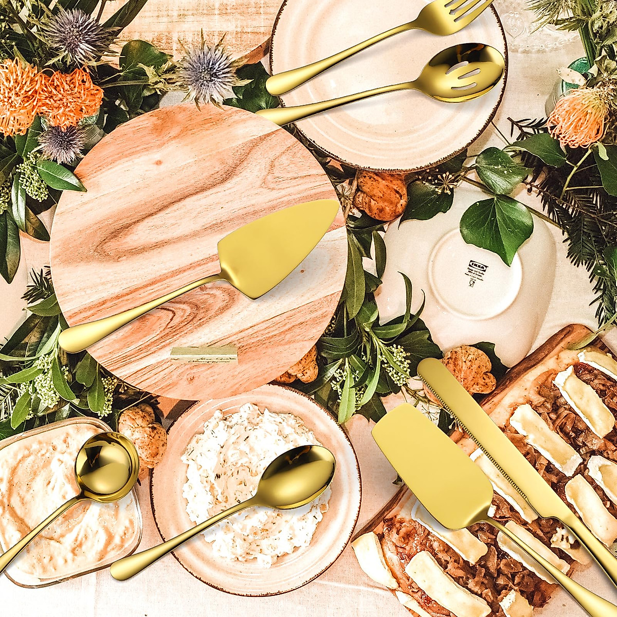 A · HOUSEWARE Gold Serving Utensils Set Stainless Steel Large Silverware 7 Piece Include Big Spoon Fork Cake Server Knife Pizza Spatula Pefect for Buffet Catering Flatware