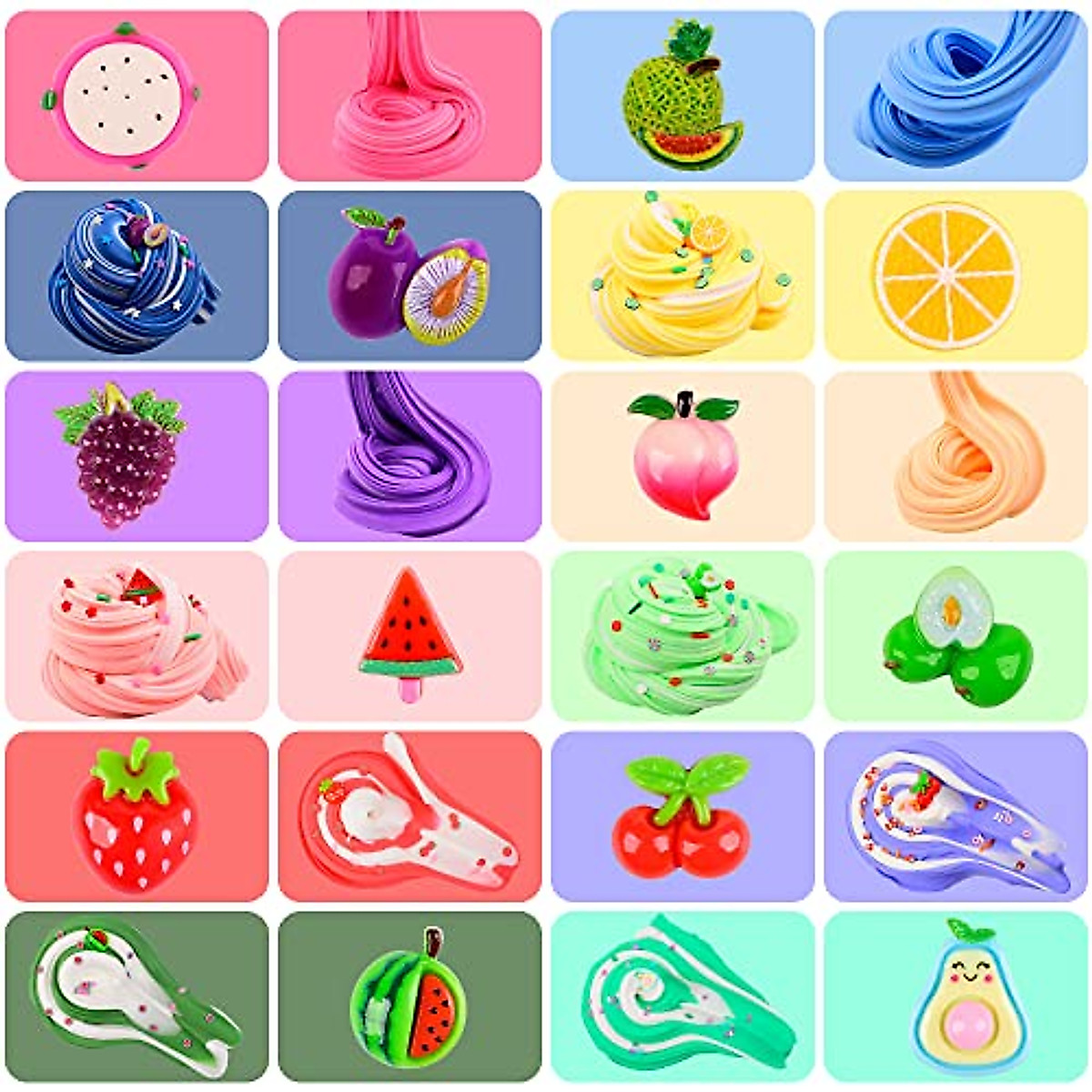 12 Pack Fruit Butter Slime Kits for Kids, with Watermelon, Lemon, Peachybbies, Strawberry, Avocado and Cherry Charm,Cute Stuff for Girls Fragrant DIY Slime, Stress Relief Toys for Girls and Boys.