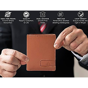 Mens Leather Wallet Rfid Blocking Slim Bifold Front Pocket Flip ID Window With 12 Slots | Real Chrome Free Leather | Multiple Card Holder | Compact Premium Best Handmade Gift (Tan)