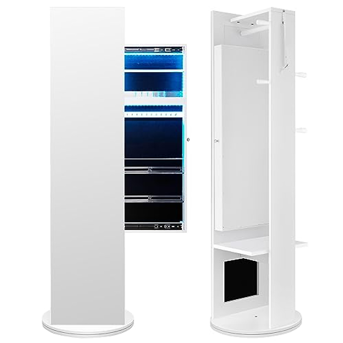 CHARMAID 65.5" H Jewelry Armoire with Full Length Mirror and Clothes Rack, Slide-Out Jewelry Cabinet with 3-Color LED lights, Rear Shelves, Hanging Rods, 360° Swivel Jewelry Organizer Storage (White)