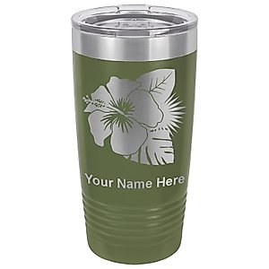 LaserGram 20oz Vacuum Insulated Tumbler Mug, Hibiscus Flower 2, Personalized Engraving Included (Camo Green)