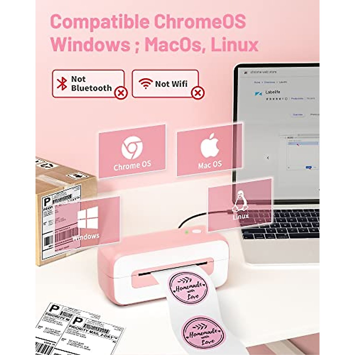 Pink Label Printer - Thermal Label Printer for Shipping Packages & Small Busines, Shipping Label Printer, Thermal Printer Compatible with Amazon Shopify Etsy Ebay FedEx USPS