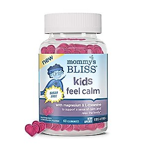 Mommy's Bliss Kids Feel Calm Gummies, Support a Sense of Calm and Relax The Body, Made with Magnesium, L-theanine, Sugar Free Raspberry Lemonade Flavor, Age 4+, 60 Gummies