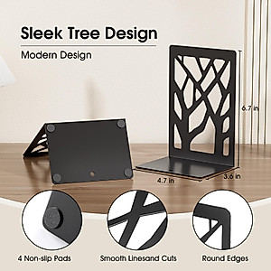 MaxGear Book Ends Tree Design Modern Bookends for Shelves, Non-Skid Bookend, Heavy Duty Metal Book Stopper for Books/CDs, Decorative Book Shelf for Home, 7 x 4.7 x 3.5”, Black (2 Pair/4 Pieces, Large)