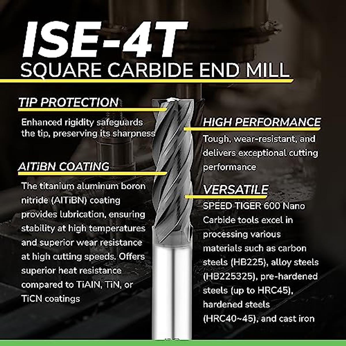 SPEED TIGER Micrograin Carbide Square End Mill - 4 Flute - ISE3/16"4T (5 Pieces, 3/16") - for Milling Alloy Steels, Hardened Steel, Metal & More – Mill Bits Sets for DIYers & Professionals
