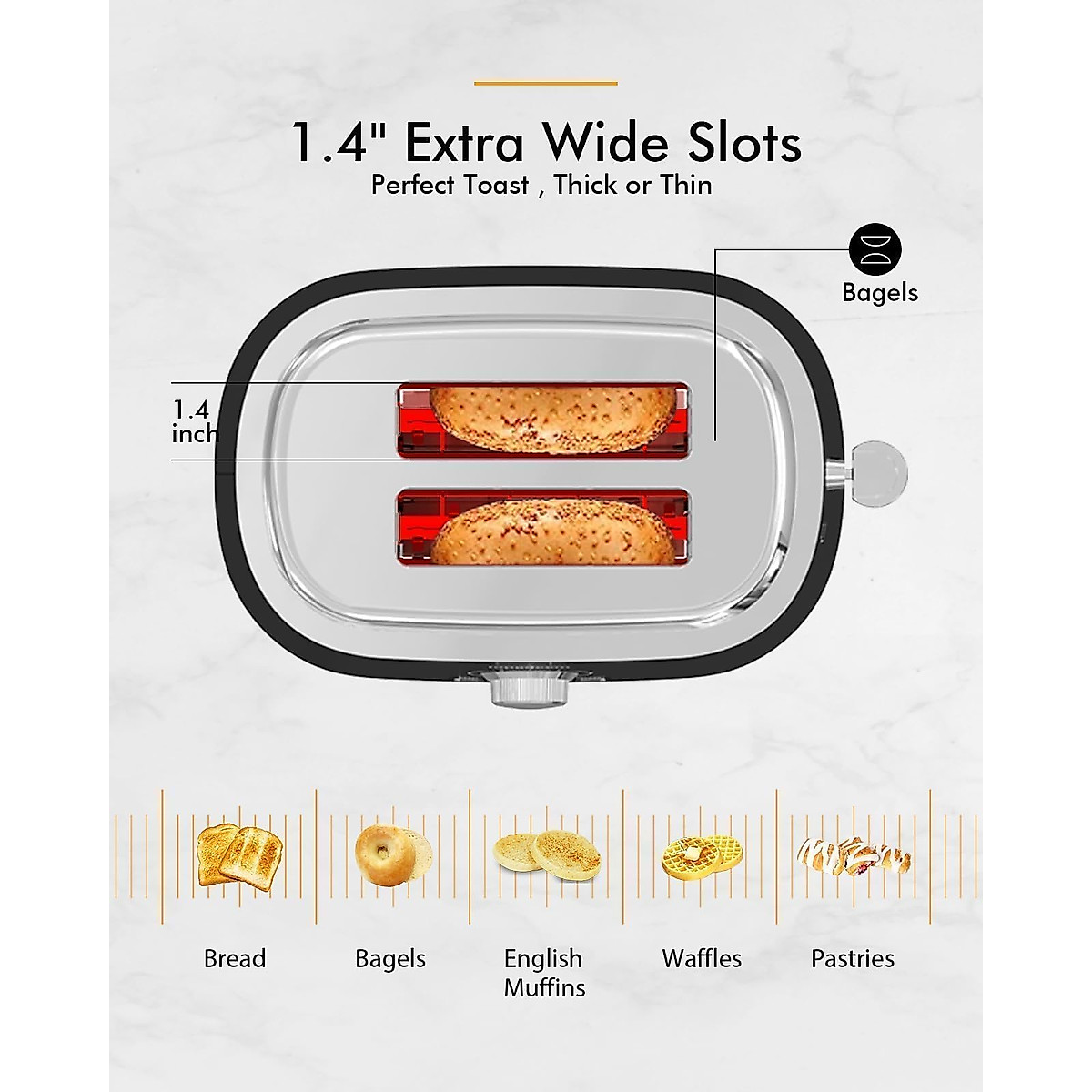 LONGDEEM Compact 2-Slice Toaster with 6-Level Precision Browning, 1.6 Wide Slots, Stainless Steel, Easy-Clean Crumb Tray, and Integrated Cord Storage, Black
