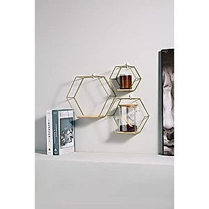 Wall Mounted Floating Hexagon Shelves, Metal Framed Gold Shelves with Wood Based in Modern Chic Style, for Wall Storage & Display in Living Room Or Bedroom, Set of 3 Size (Large, Medium & Small)