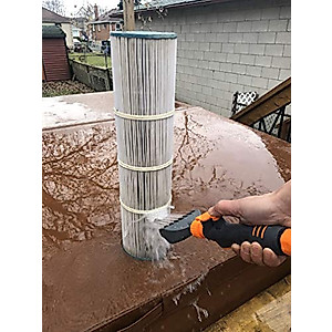 CancoFam Pool and Spa Filter Cartridge Cleaner Tool – Powerful Water Jets Removes Debris Dirt from up to 6 Pleats from The Pool Filter - Complete with Blue Pool Temperature Indicator and Hose Adapter