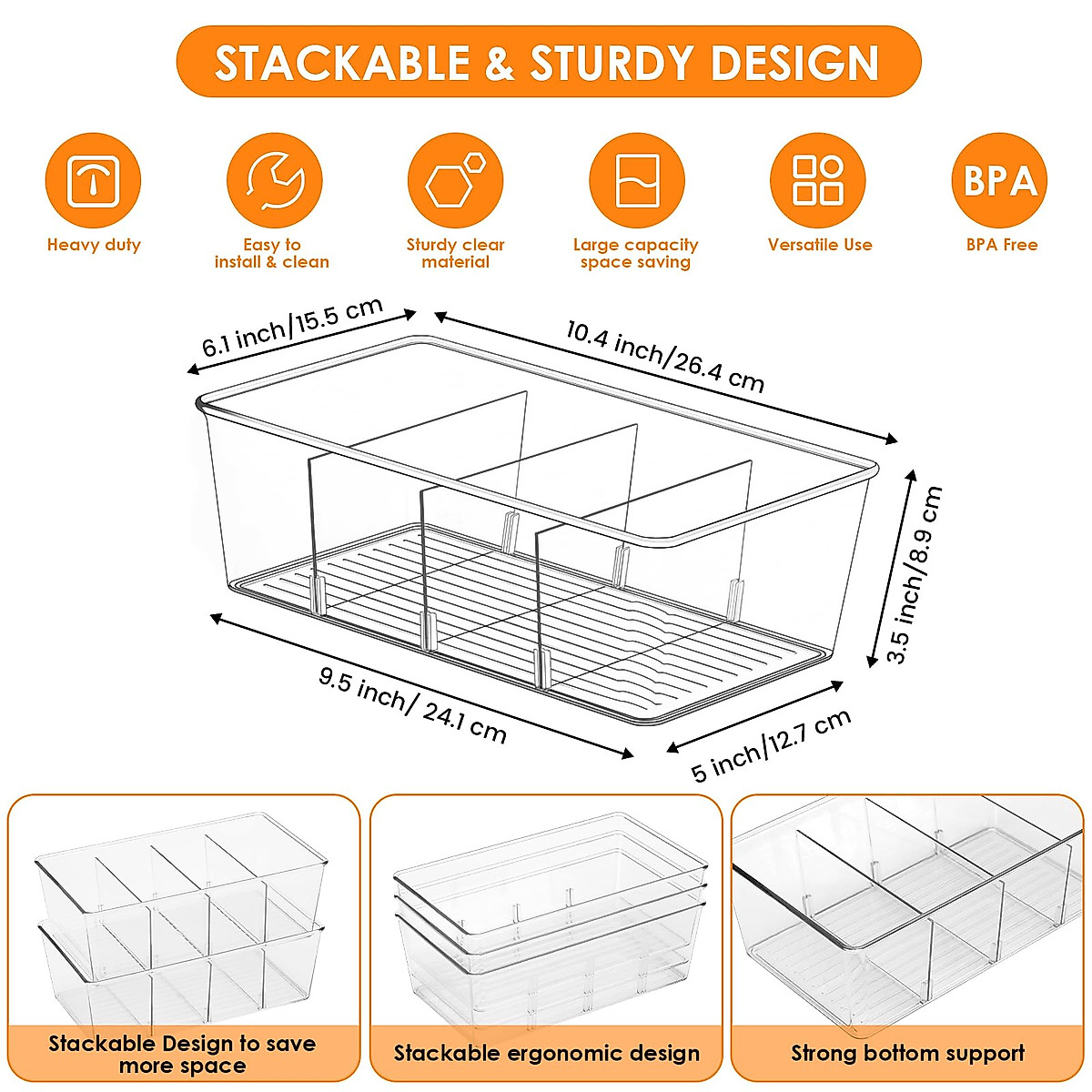 Pantry Organizers and Storage, Hronta 4 Pack Clear Storage Bins for Kitchen, Fridge, Cabinet Organization, 4 Compartment Organizer Bins for Snacks, Pouches, Spice Packets, Tea Bags