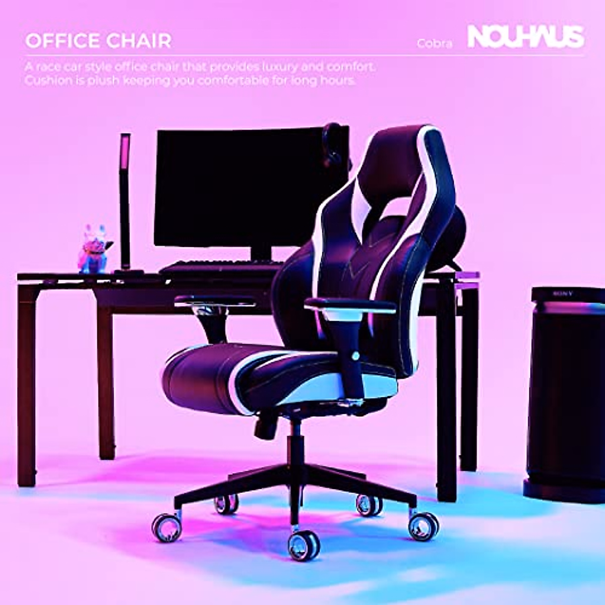 Nouhaus Cobra Office Chair - Office Chair or Desk Chair with Extra Large Caster Wheels XL Pro Rims - High Spec Office Chairs for Adults, Ergonomic Chair (White/Black)