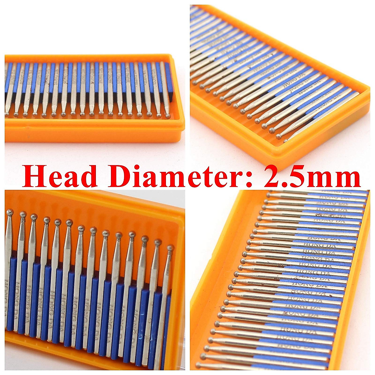 JINGLING Diamond Grinding Bits 2.5mm Spherical Head Bur w Shank 2.35mm Pack of 30Pcs